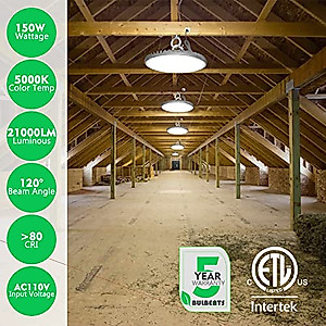 bulbeats LED High Bay Light 150W, 21000Lm (Eqv.600W MH/HPS) UFO high Bay LED Light, 5000K Daylight ETL Listed Bay Lighting with US Plug Energy Saving Upto 1100KW*4/Y(5Hrs/Day) -4Pack