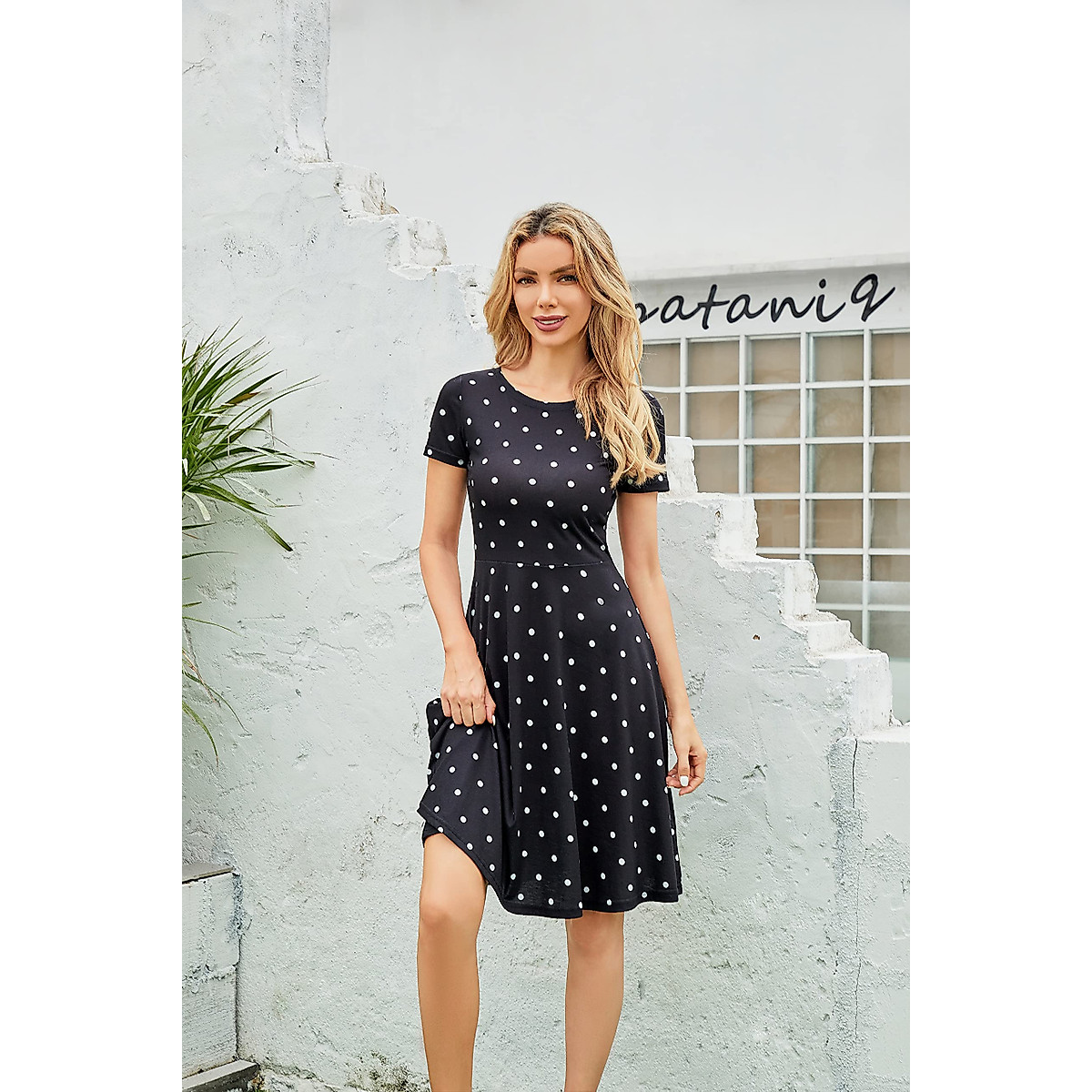 MicroStar dresses for women 2023 Slim Short Sleeve Round Neck A Line Fit and Flare Knee Length Sun Dress Black Polka Dot