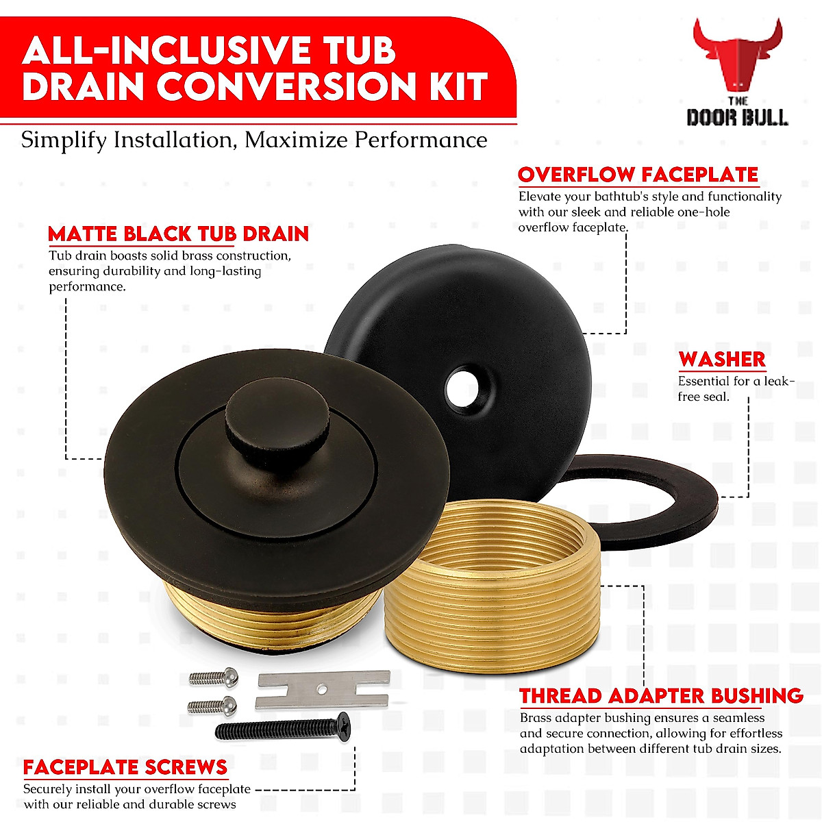 Lift and Turn Conversion Kit for Bathtub Drain Assembly, All-Brass Tub Drain | Includes Trim Waste, Single-Hole Overflow Face Plate and Removal Tool (Lift & Turn - Matte Black)
