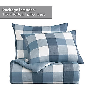 Hyde Lane Plaid Twin Comforter Set for Teen, Farmhouse Comforter Twin Size Bed, Blue and White Comforter, Grid Buffalo Lightweight 3 Pieces Bed Sets Includes 1 Comforter, 1 Shams (66 x 90 Inch)