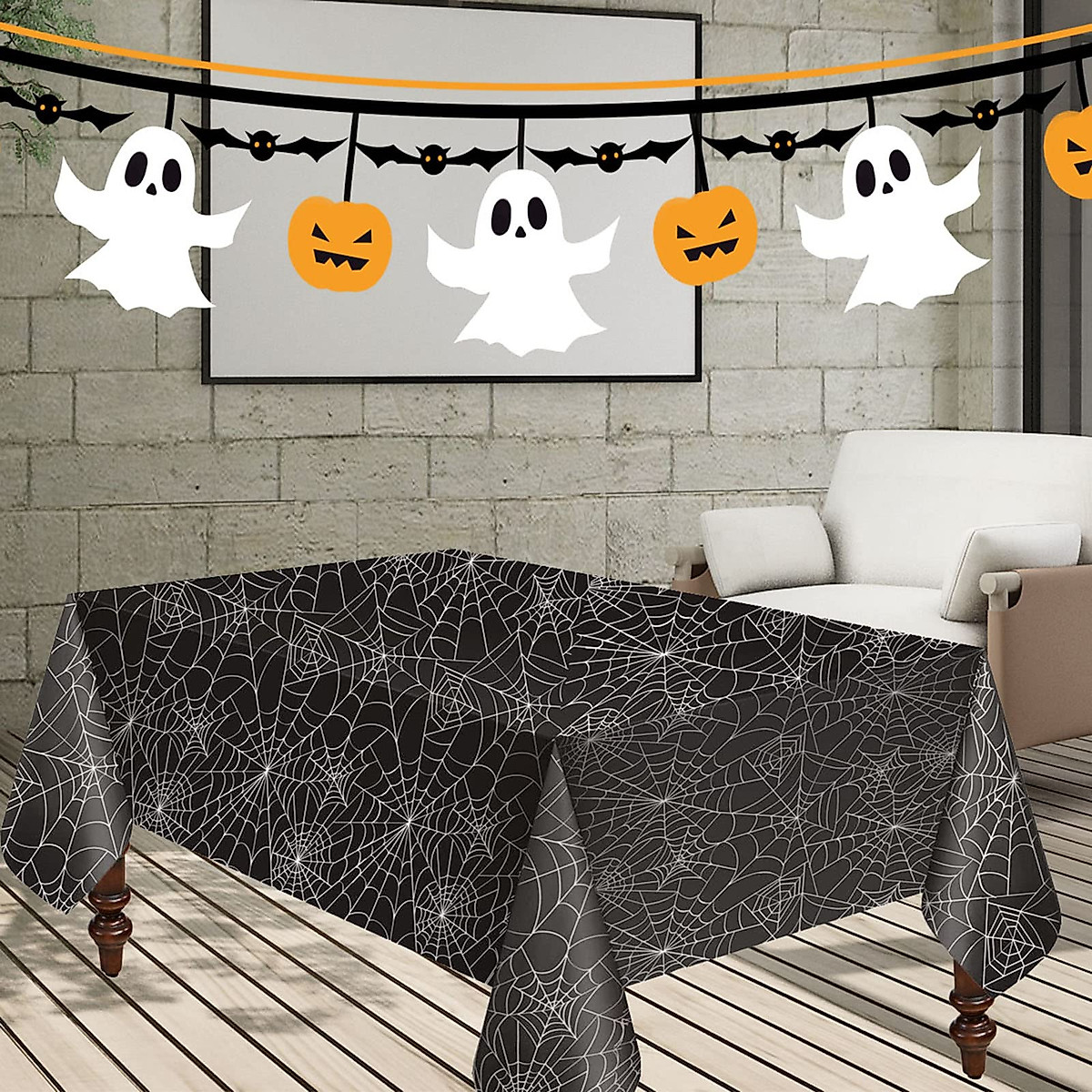 Hamonical 54x107 Inch Halloween Tablecloth, Black Rectangular Spider Web Table Cover, Spillproof Washable PVC Table Topper, Perfect for Halloween Decoration, Dinner Parties