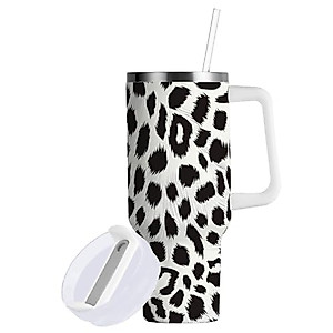 ODAWA 30 Oz Black White Leopard Tumbler Insulated with Handle and Straw, 2 in 1 Lid Insulated Steel Insulated Tumbler