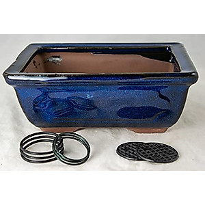 Rectangular Blue Glazed Cactus & Succulent Planter, Bonsai Pot + Mesh + Wire - 6"x 4.5"x 2.25"