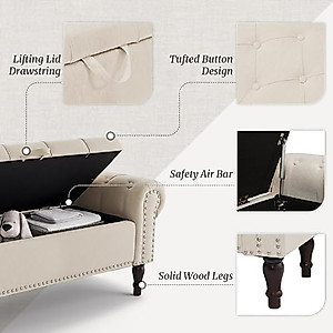 Cozyman Storage Bench, 50” Queen Linen Tufted Button End of Bed Bench with Rolled Arm and Nailhead Trim, Upholstered Bedroom Bench, Ottoman Bench for End of Bed, Living room, Entryway, Linen Color