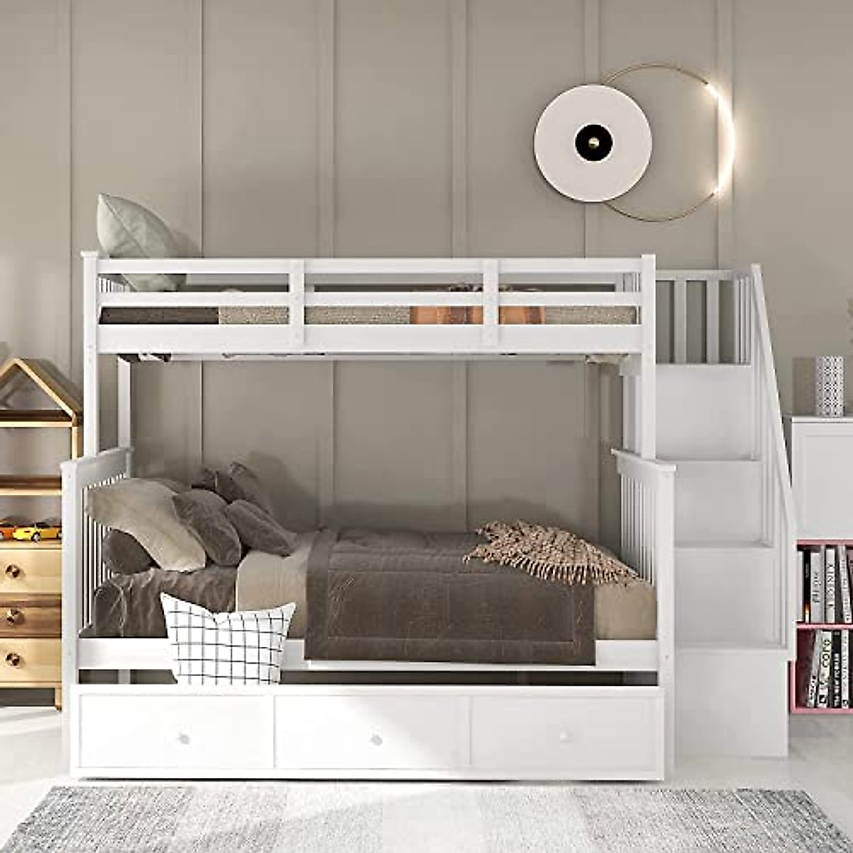 Harper & Bright Designs Twin Over Full Bunk Bed with Stairs, Solid Wood Stairway Bunk Bed with Storage Drawers for Kids Teens Adults, Bedroom, Dorm (White)