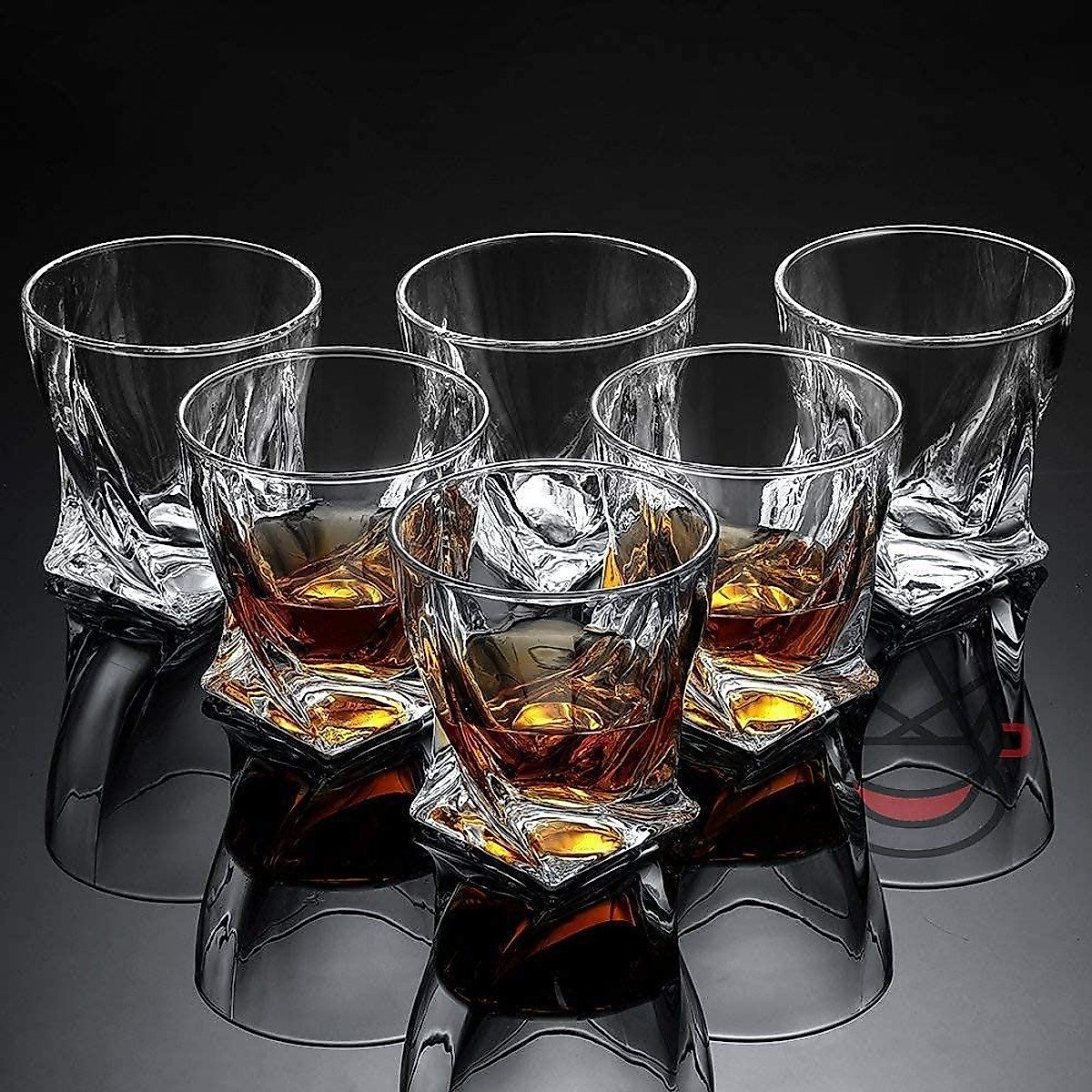 CYOIDAI Bohemian Crystal Glass Set of 6 Whiskey Glasses 11oz./320ml. Elegant Quadro Design Heavy Base Old Fashioned Style Bourbon Scotch Vodka Brandy Holiday Gift Birthday Wedding Housewarming