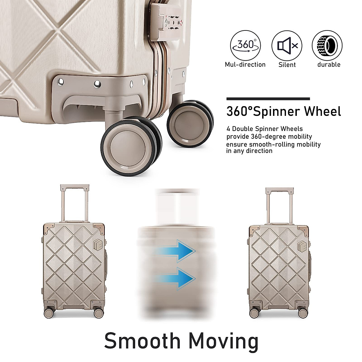 Somago Carry On Luggage with Spinner Wheels 20in Lightweight Suitcase Built in TSA Aluminum Frame PC Hardside Rolling Suitcases Travel Case (Titanium Gold)