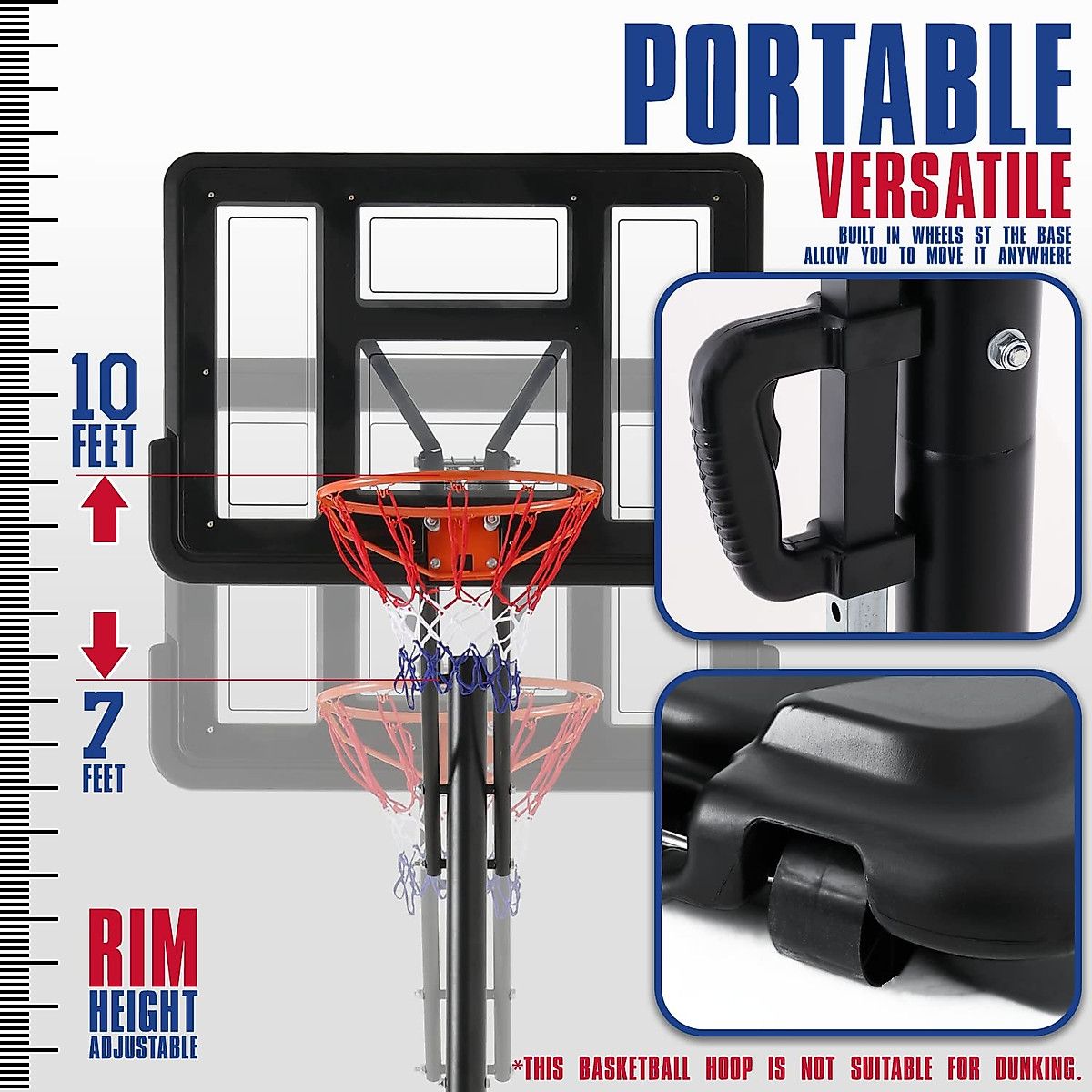 Monibloom Basketball Hoop Outdoor 7ft- 10ft Adjustable with 43 Inch Backboard Wheels Fillable Base, Basketball Equipment for Youth & Adults Indoor Outdoor Use, Black