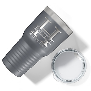 Personalized 30oz (17 Colors) Powder Coated Insulated Stainless Steel Tumbler with Lid, Custom Etched, Customized Engraved Gift Idea for Women Men Her Him, Halpert Monogram Initial Name (Gray)