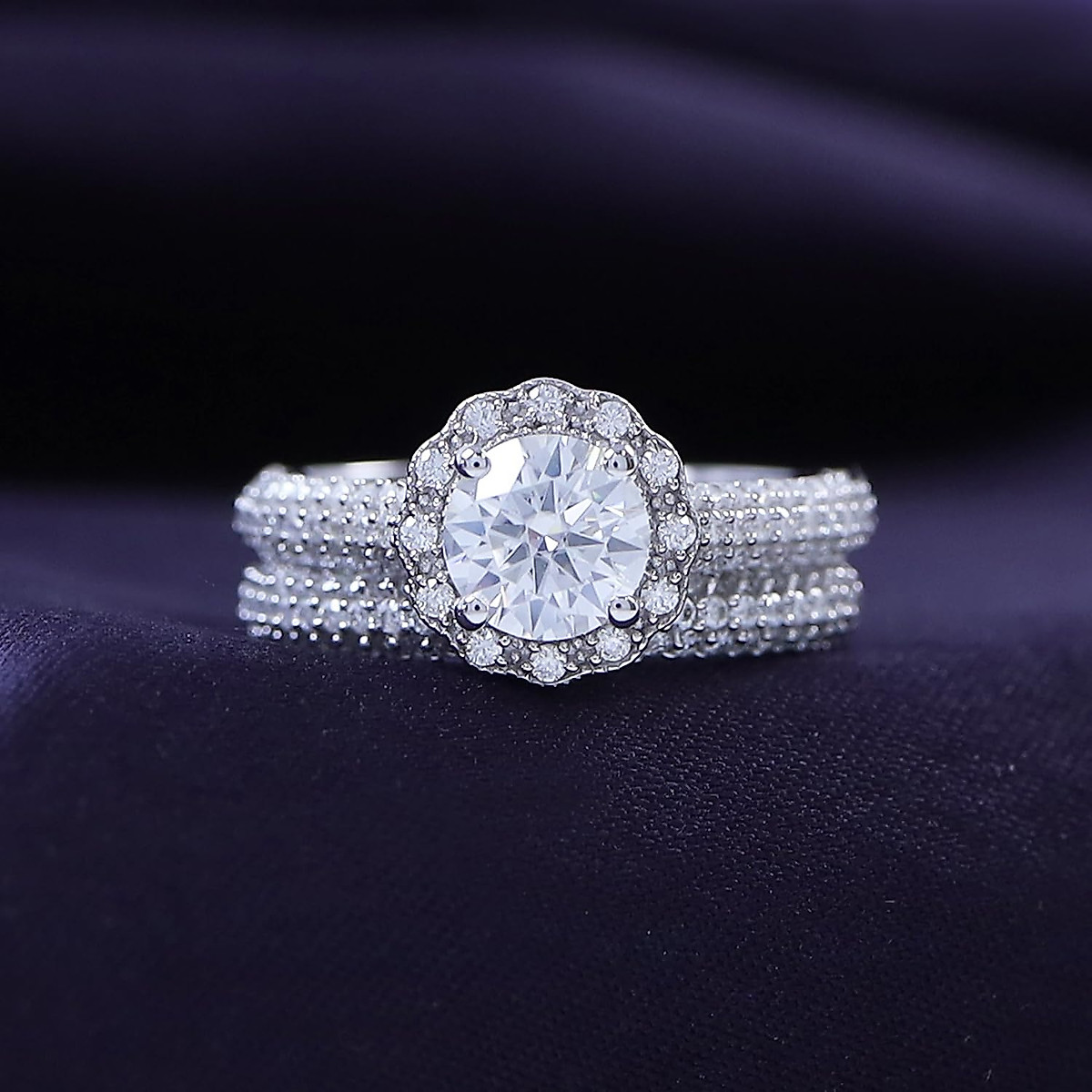 SAVEARTH DIAMONDS 1 1/2 ct. t.w Center 6MM Round Cut Lab Created Moissanite Diamond Double Halo Bridal Set Ring In 14k White Gold Over Sterling Silver (VVS1 Clarity, 1.50 Cttw)-7