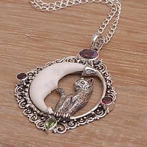 NOVICA Artisan Handmade Multigemstone Pendant Necklace 925 Sterling Silver Garnet Cat Amethyst Peridot Green Multicolor Purple Red Indonesia Sun Moon Birthstone [20 in L 3 mm W Pendant(s) 2.2 in L x ]