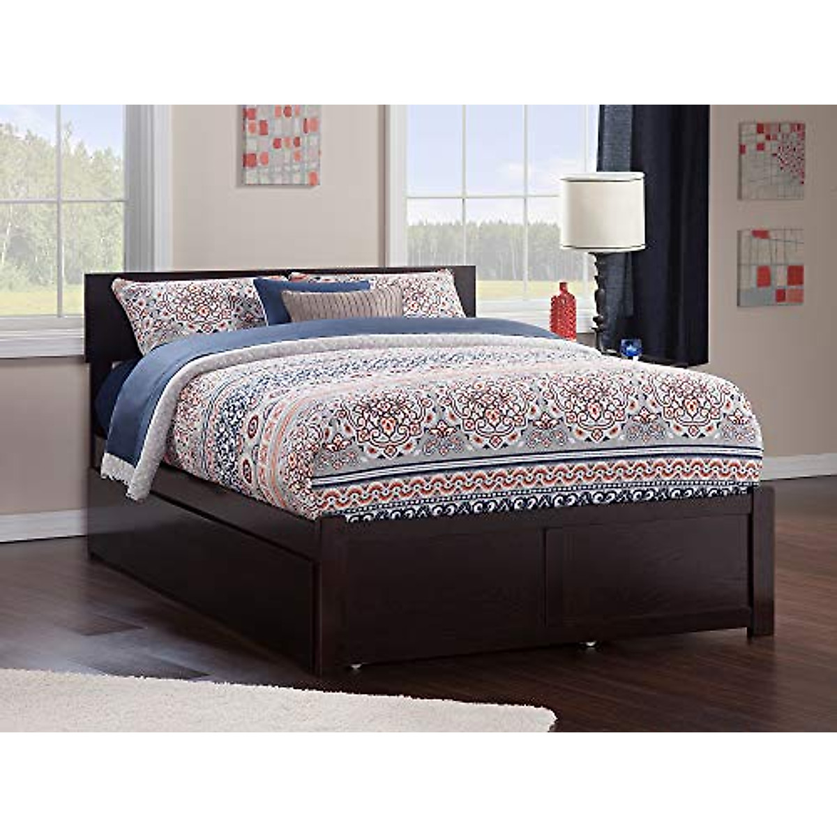 AFI Orlando Queen Platform Bed with Footboard and Turbo Charger with Twin Extra Long Trundle in Espresso