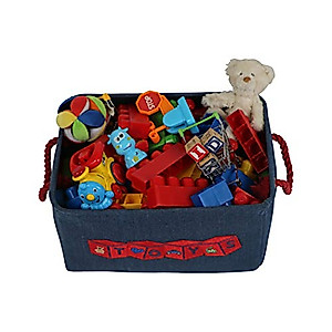 Toy Storage Basket Bin for Organizing Baby, Kids, Dog Toys, Children Books. Denim Canvas Box Organizer w/Attractive Red Patch for Playroom, Nursery …