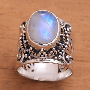NOVICA Artisan Handmade Rainbow Moonstone Cocktail Ring Sterling Silver Single Clear Indonesia Gemstone [crownbezel 0.7 in H x 0.6 in W x 0.3 in D Band Width 8 mm W] ' Glorious Vines'