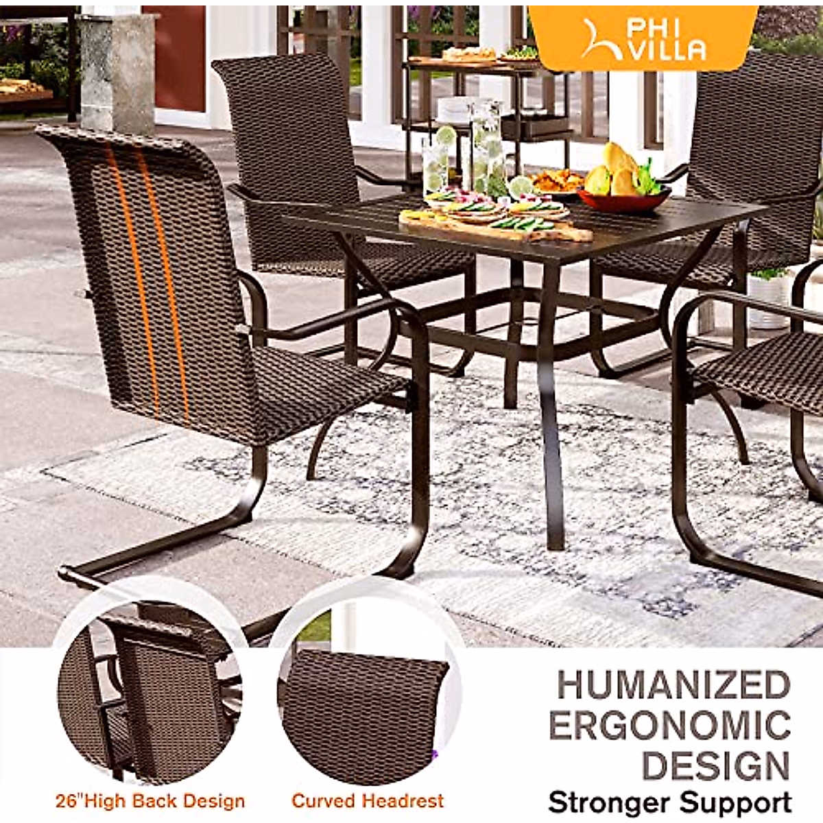 PHI VILLA Outdoor Patio C Spring Rattan Chairs Set of 2 Pieces High Back Wicker Dining Chair with Metal Frame for Patio, Deck, Porch - Brown