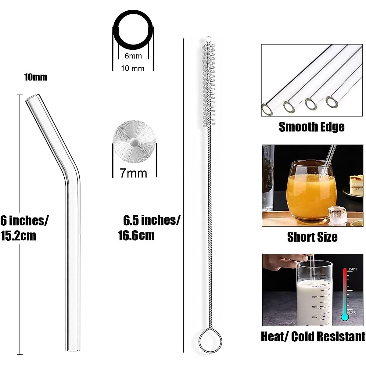 ALINK Short Bent Glass Straws, 6 in x 10 mm Reusable Clear Glass Curved Cocktail Straws for Whiskey, Coffee, Soda, Water, Pack of 8 with Brush