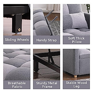 Loveseat Sleeper Sofa- 3 in 1 Convertible Sofa Bed,Pull Out Couch with Adjustable Backrest,Multi-Functional Lounge Chair with Teddy Fabric for Living Room,Small Space (Grey)