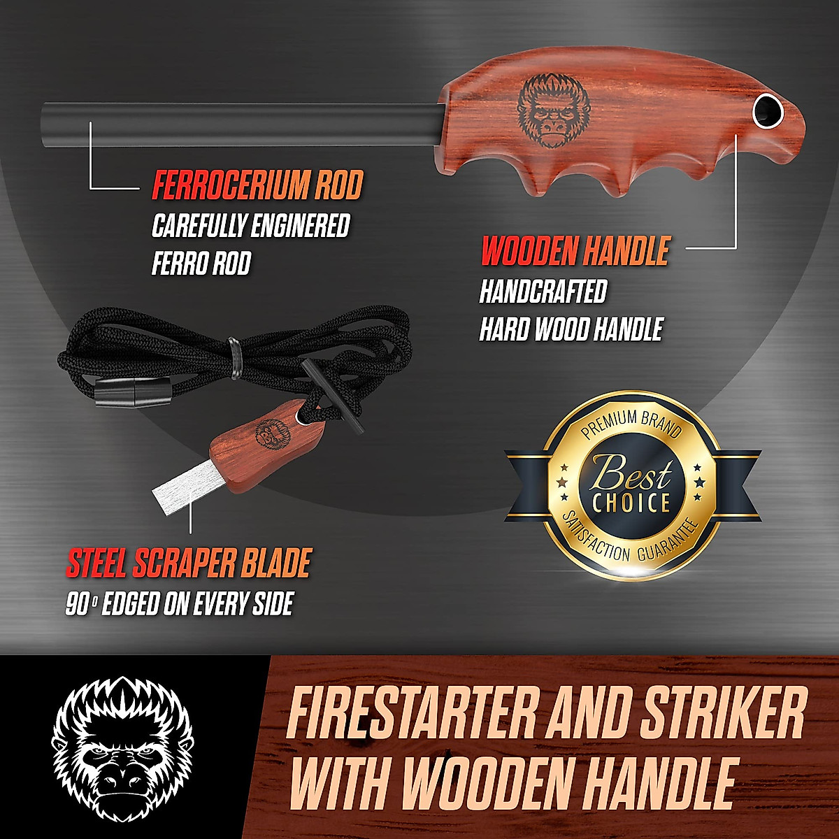 Wood Handle Fire Starter Ferro Rod Gift Set W/Finger Grip Survival Bushcraft Gear (Dark Brown)