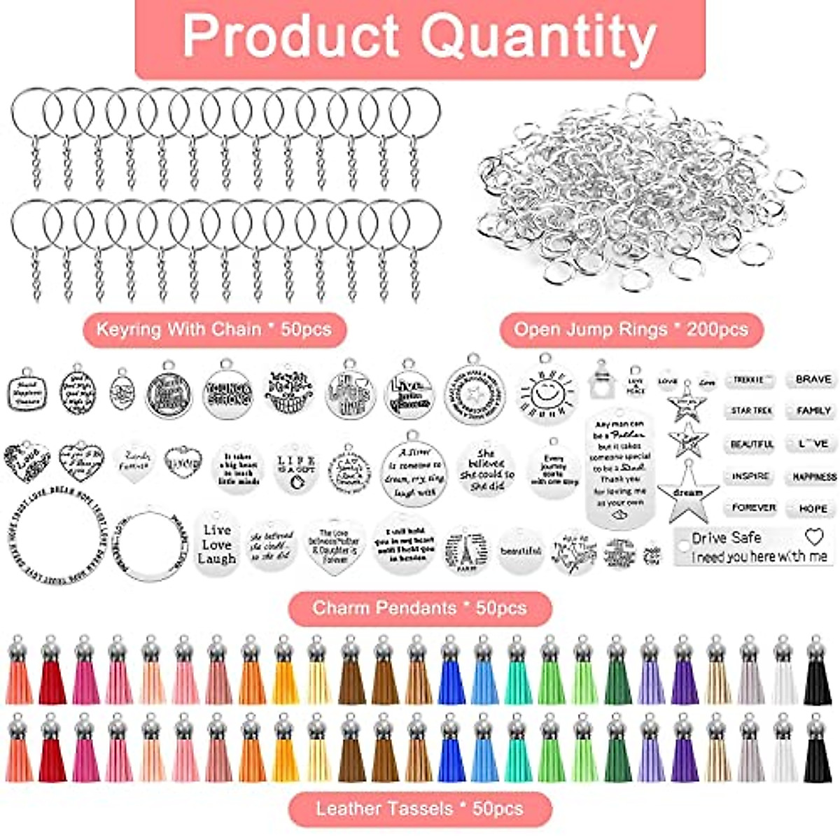350Pcs Motivational Keychain Accessories Set with 50 Engraved Inspirational Words Charms, 50 Leather Keychain Tassels, 50 Keyring with Chain, 200 Open Jump Rings for Keychain Making, DIY Crafting
