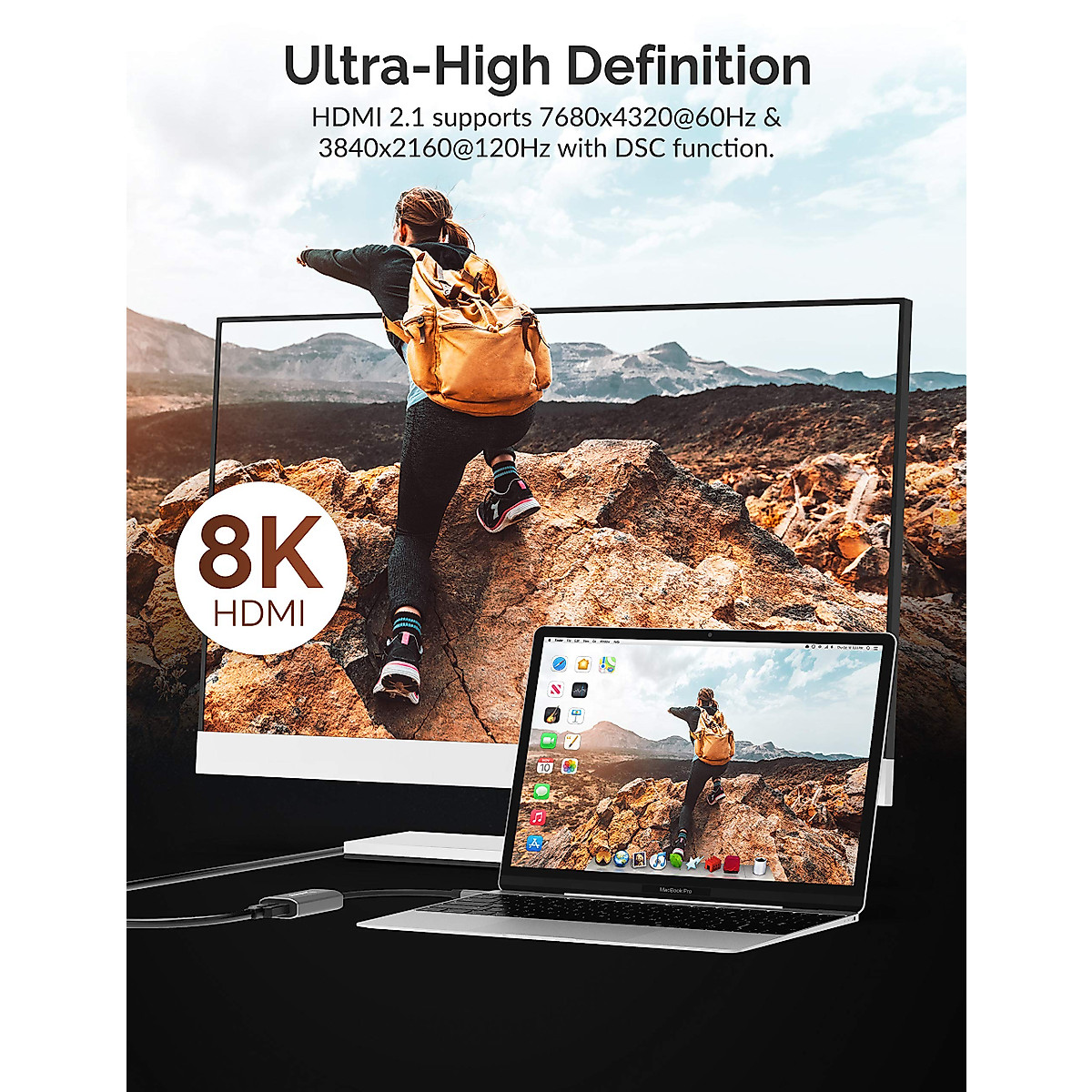 SABRENT USB Type C to HDMI 2.1 Adapter | 8K/60Hz & 4K/120Hz with DSC Function | 8K/30Hz & 4K Resolution Without DSC | Thunderbolt 3 Compatible (DA-UCH8)