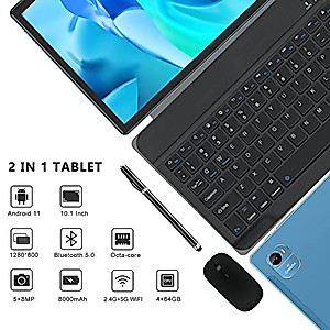Oangcc 10.1" Android 11 Tablet, 2 in 1 Tablet 4GB RAM 64GB ROM (Up to 128G) Dual Camera Computer Tablet PC with Bluetooth Keyboard | Wireless Mouse | Stylus | Case | and More - Blue
