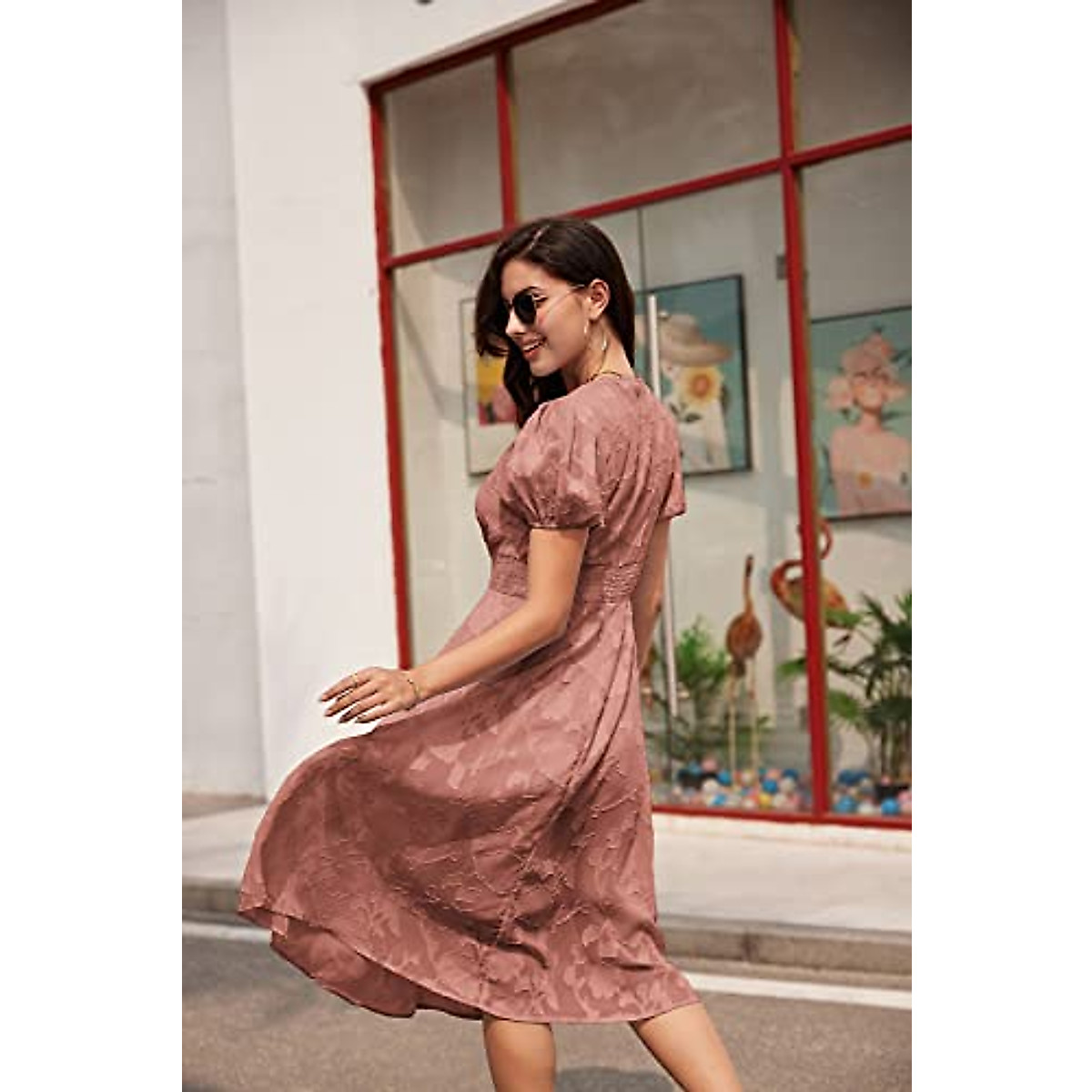 GRACE KARIN Women's Summer Puff Sleeve Flowy Dress 2023 V Neck Smocked Boho Floral A Line Tiered Midi Dresses Orange Pink