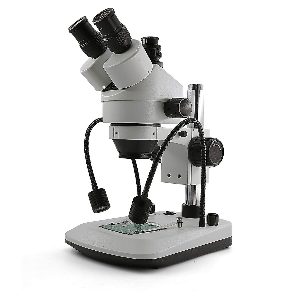Swift S7-TGL-CA05 Trinocular Stereo Microscope, 7X-45X Zoom, WF10X Eyepieces, Gooseneck & Transmitted LED Lights, Pillar Stand, 110V