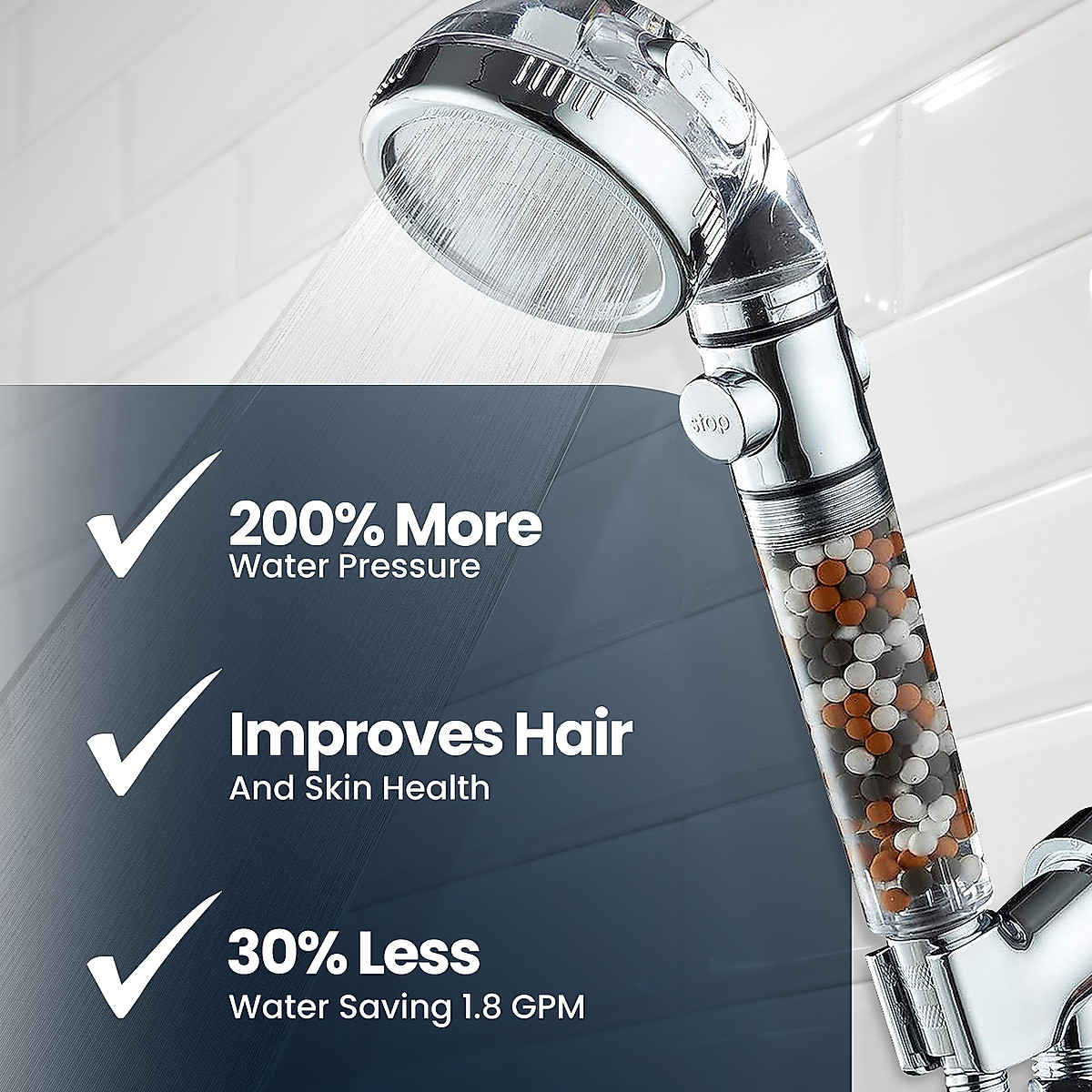 (Official) Shower Envy Shower Head by Ecowater Nortex - Filtered Showerhead, Eco Powder High Pressure Water Softener with ON/OFF switch and Ionic Beads for Dry Skin & Hair - 3 Spray Settings