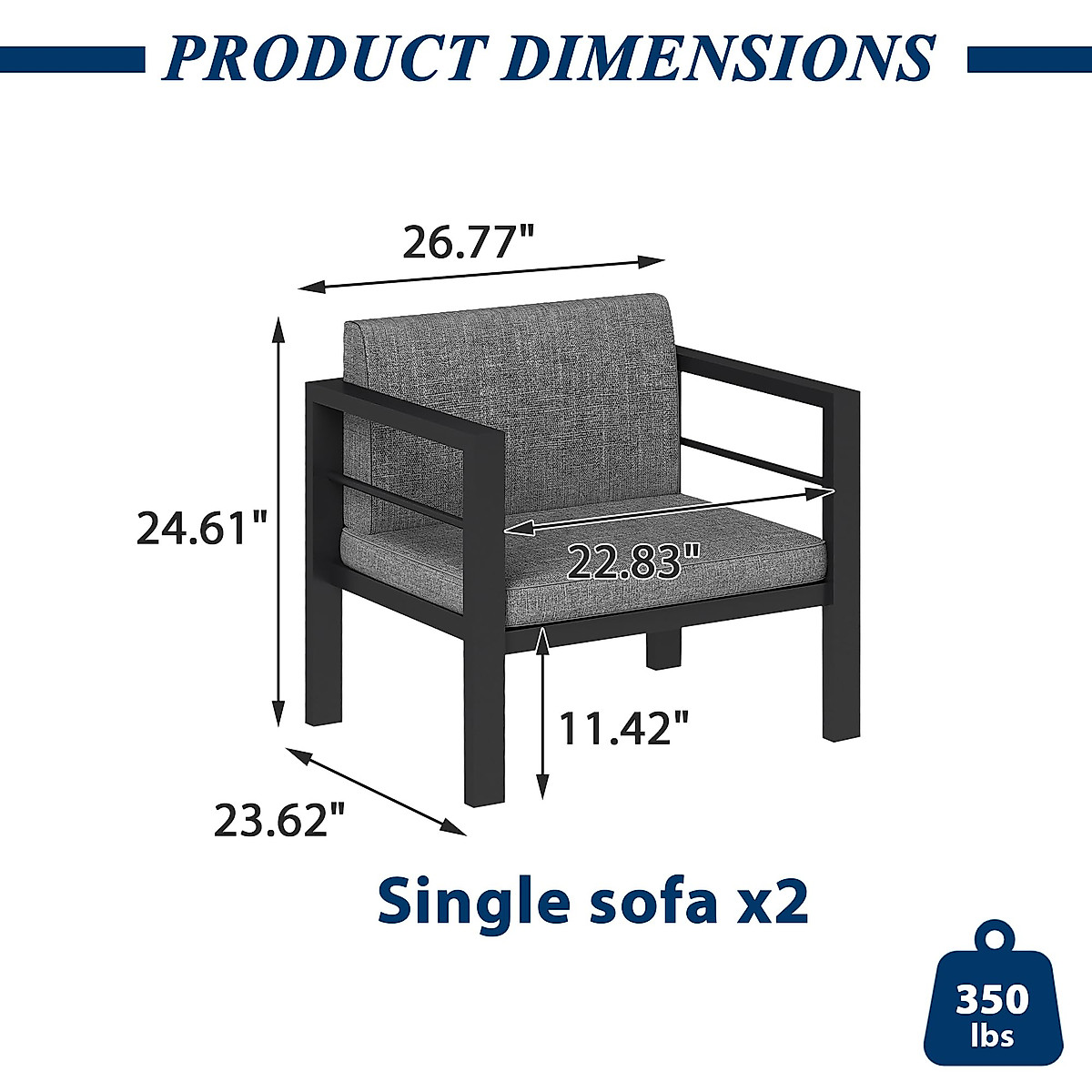 COVERONICS Outdoor 2 Pieces Aluminum Armchair - Patio Sofa Chair with Aluminum Frame and Waterproof Cushions, All-Weather Furniture Conversation Sofa Set Balcony Backyard Poolside Gray