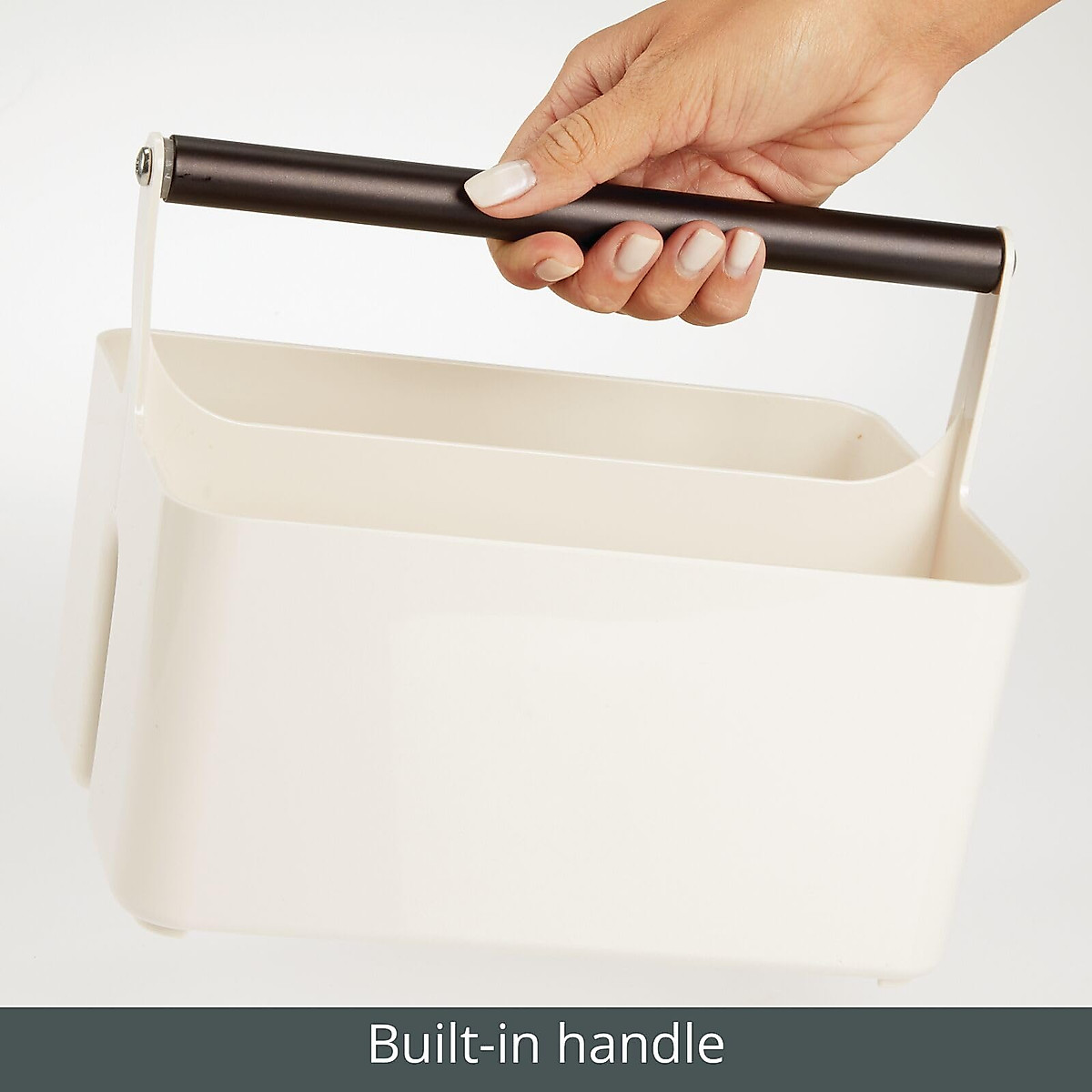 mDesign Plastic Shower Caddy Storage Organizer Utility Tote, Divided Basket Bin - Metal Handle for Bathroom, Dorm, Kitchen, Holds Soap, Shampoo, Conditioner - Aura Collection - Cream/Bronze