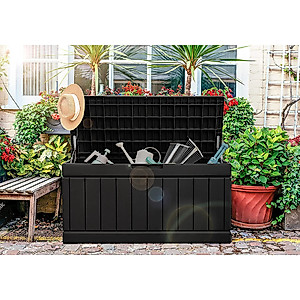 GUNJI 83 Gallon Storage Box Outdoor Waterproof Large Resin Deck Box Patio Storage Bench Lockable Storage Container for Outdoor Cushions, Garden Tools and Pool Supplies (Black)