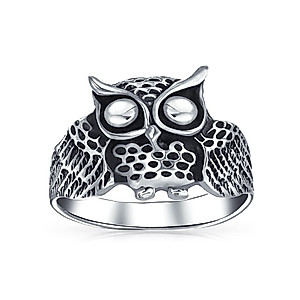 Personalized Protection Medium Old Wise Bird Night Owl Band Ring For Women Teen Oxidized .925 Sterling Silver Customizable