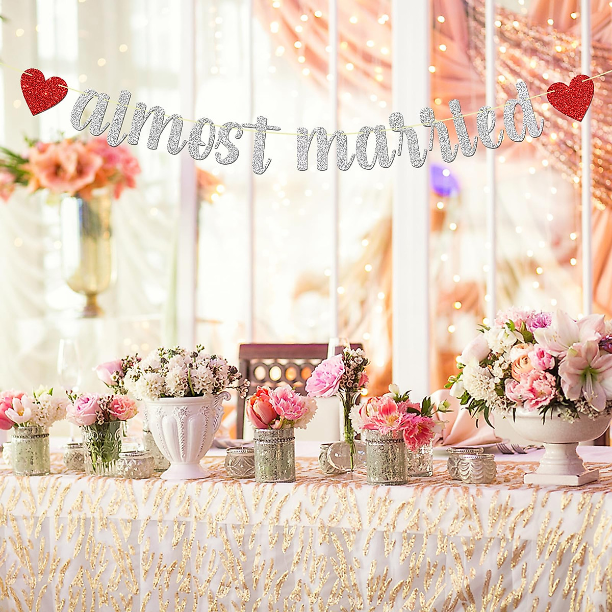 Silver Glitter Almost Married Banner - Wedding Rehearsal Decorations - Engagement/Bridal Shower Party Decoration Supplies