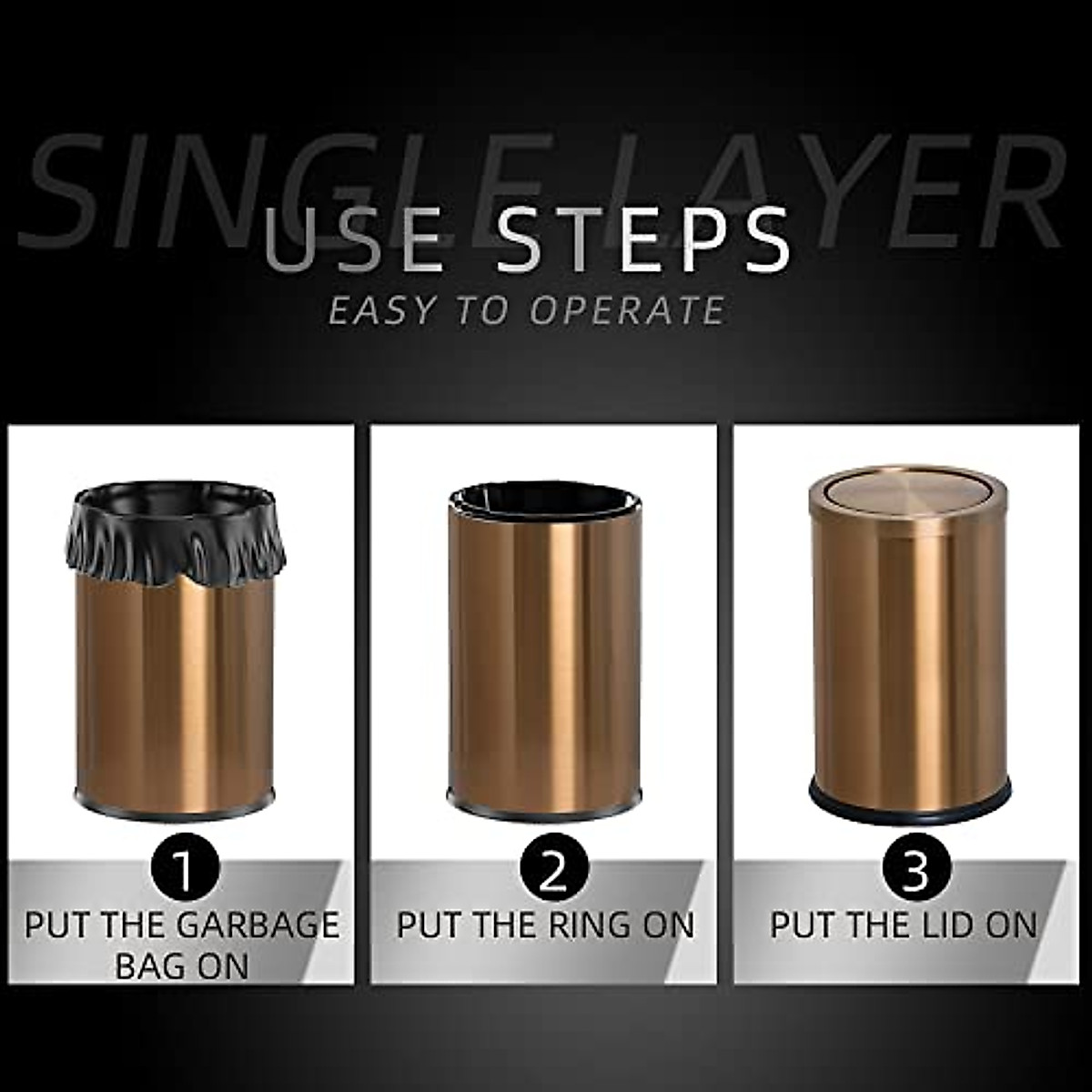 Stainless Steel Trash can with flip Cover Gold Household Kitchen Toilet Living Roomt with Garbage (Rose Gold Trash can)