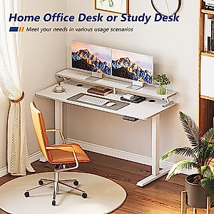 KKL Height Adjustable Electric Standing Desk with Monitor Shelf, 48 Inch Stand Up Table, Sit Stand Desk with 4 Memory Preset,Home Office Computer Workstation,Motorized Rising Desk,White