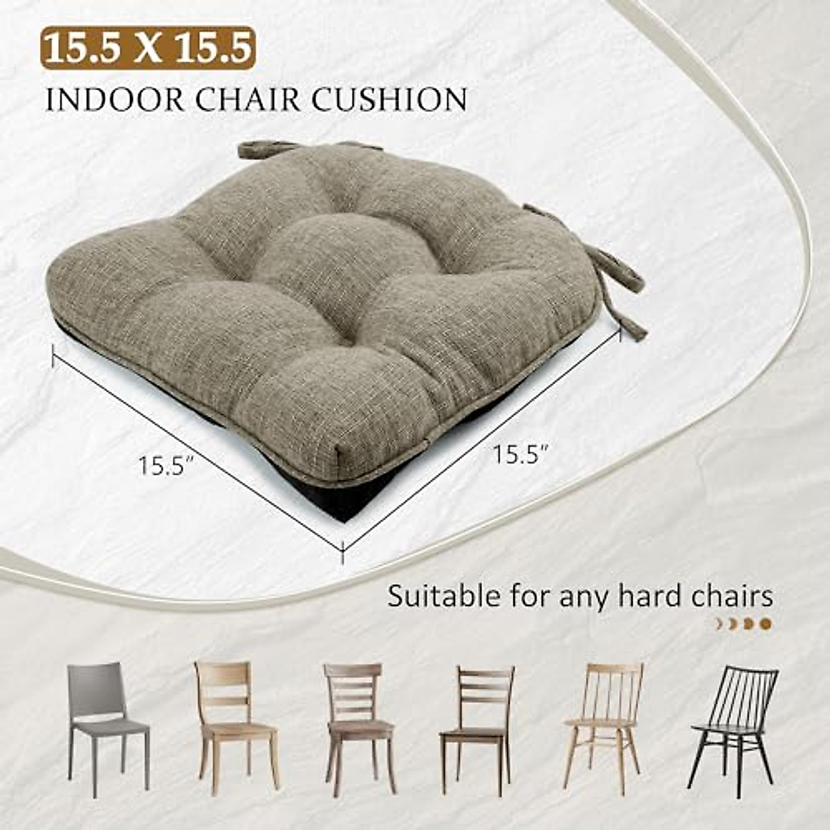 LOVTEX Kitchen Chair Cushions Set of 4, Non-Slip Chair Cushions for Dining Chairs, Shredded Memory Foam Chair Pads with Ties, Tufted Dining Chair Cushions, 15.5" x 15.5", Khaki