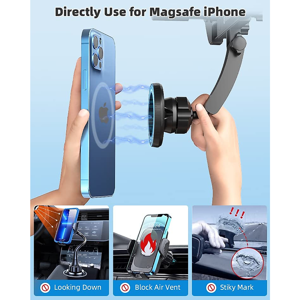 Magnetic Phone Mount for Car, [Super magnetic force] Rear View Mirror Phone Holder,Universal 360° Rotatable and Retractable Adjustable Multifunctional for All Mobile Phones Fits Bigger Vehicles