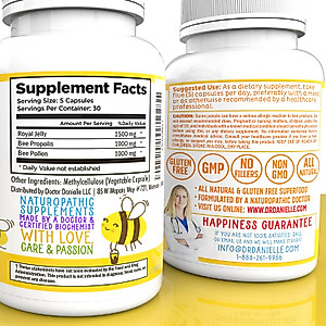 Dr. Danielle's Bee Wise - Bee Pollen Supplement - Bee Well with Royal Jelly, Propolis, Beepollen in 4 Daily Bee Pollen Capsules