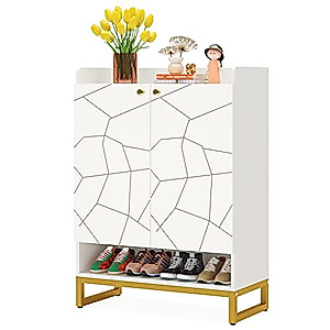 LITTLE TREE White and Gold 5-Tier Shoe Cabinet with Storage, 2-Door Shoes Organizer Cabinets for Entryway
