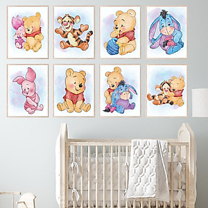 BigWig Prints Winnie the Pooh Nursery Decor - Winnie the Pooh Wall Art, Baby Nursery Wall Decor, Childrens Poster Prints for Classroom, Piglet Tigger Rabbit Eeyore Gifts - Unframed Set of 8 (8x10)