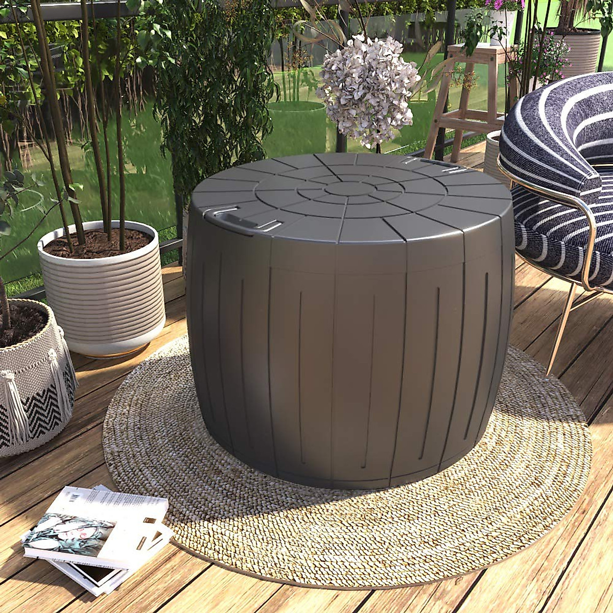 ADDOK Round Deck Box Light weight Resin Outdoor Storage Patio Seat for Outdoor Cushion Storage (27 Gallon, Dark Coffee)