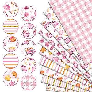 JarThenaAMCS 10Pcs Fall Cotton Fabric Bundles Pink Pumpkin Maple Leaf Truck Fat Quarters Autumn Thanksgiving Quilting Patchwork for DIY Craft Home Party Decor, 18 x 22 Inch