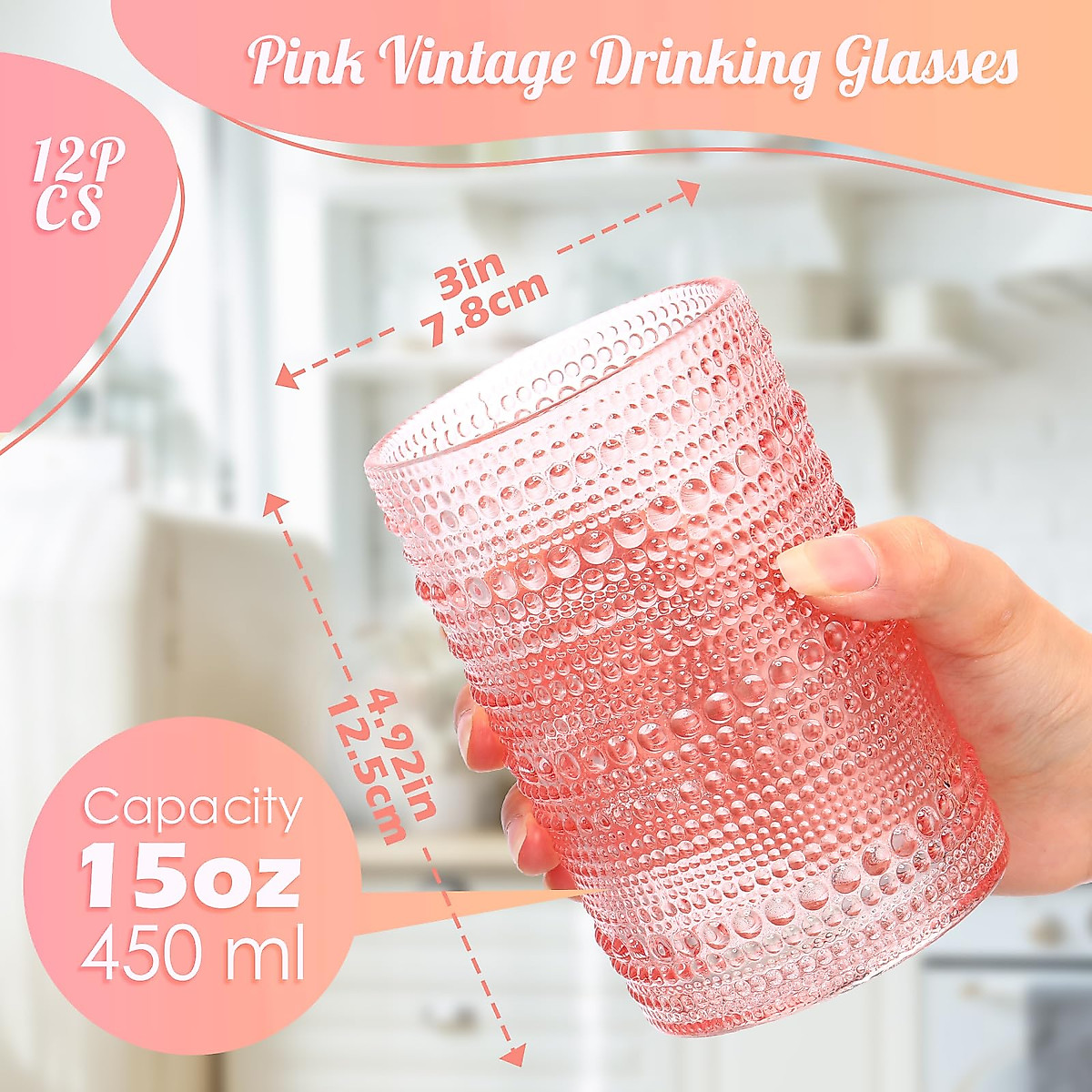 Roshtia 12 Set Pink Hobnail Beaded Drinking Glasses 15 oz Vintage Glassware Old Fashioned Iced Beverage Glasses Textured Cocktail Glasses Embossed Glassware Cups for Juice, Water, Not Dishwasher Safe