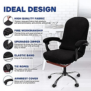 NeColorLife Office Chair Cover with Armrest Covers Stretchable Desk Chair Cover Thick Checked Jacquard High Back Office Seat Cover for Universal Rotating Chair (Large Size,Black)