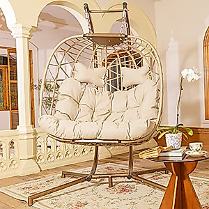 BULEXYARD Outdoor Double Swing Egg Chair with Stand for Bedroom, Indoor 2 Person Hanging Chair Foldable Twins Patio Chair, Large Hand-Woven Wicker Garden Loveseat Hammock Chair w/Cream Thick Cushion