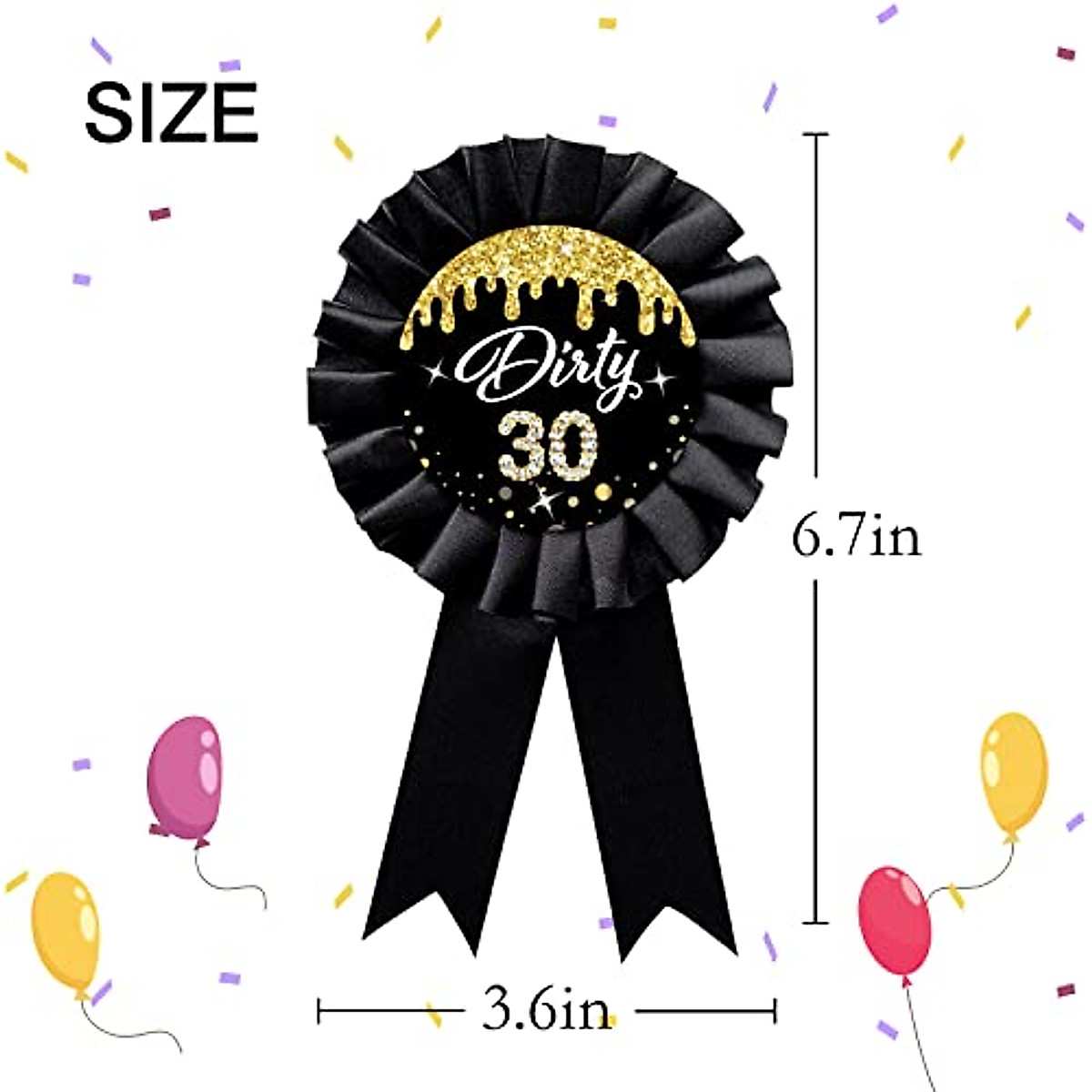 Dirty 30 Pin, Happy 30th Birthday Tinplate Badge Pin, 30 Years Old Birthday Black Corsage Rosette Button Pin Party Decorations - 1Pcs