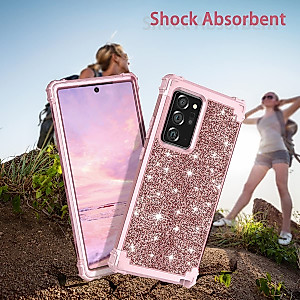 Pandawell for Galaxy Note 20 Ultra Case Glitter Sparkly Bling Heavy Duty Hybrid Sturdy High Impact Shockproof Protective Cover Case for Samsung Galaxy Note 20 Ultra 5G 6.9 inch, Shiny Rose Gold
