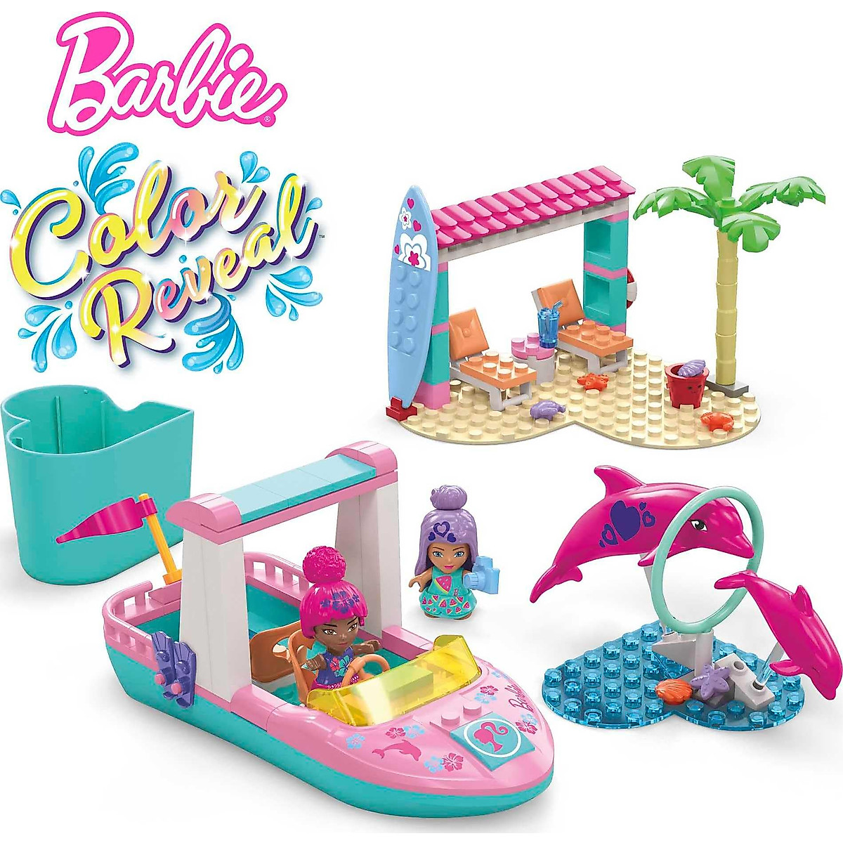 MEGA Barbie Color Reveal Building Toy Playset, Dolphin Exploration with 121 Pieces, 15 Surprises and Accessories, Kids Age 5+ Years