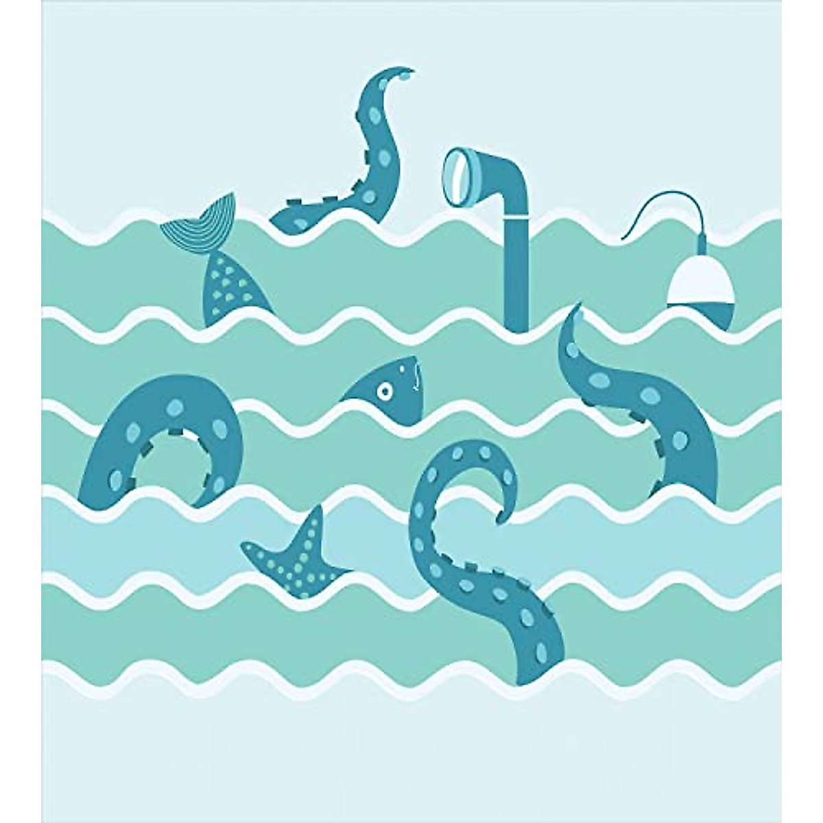 Lunarable Nautical Duvet Cover Sets, Octopus Tentacles Fish Starfish and Submarine Periscope Waves, Bedding Set with 2 Duvet Covers 4 Pillowcases, 2 Pack Cal King Size, Pale Blue Petrol Blue