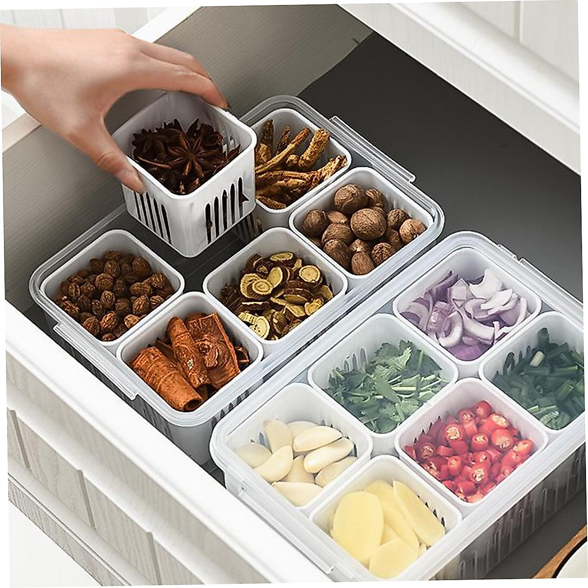 CurcKua Fridge Storage Containers Kitchen Scallion Storage Box 6-in-1 Snackle Box Container with Lid Plastic Reusable Fridge Vegie Fruit Food Fresh-Keeping Drain Box.
